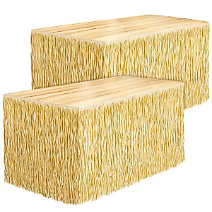 Fovths 2 Packs Luau Grass Table Skirt Fringe Straw Grass Skirt 108 x 30 Inch Hibiscus Hawaiian Table Skirts Rectangle Tropical Luau Party Decorations for Hawaiian Luau Decorations