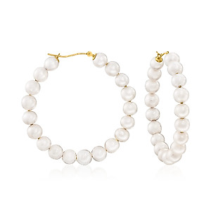 Ross-Simons 6-7mm Cultured Pearl Hoop Earrings in 14kt Yellow Gold
