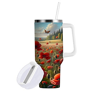 RPLIFE Poppy Flowers 40oz Tumbler with Handle, Stainless Steel Water Bottle with Straw, Tumblers for Women