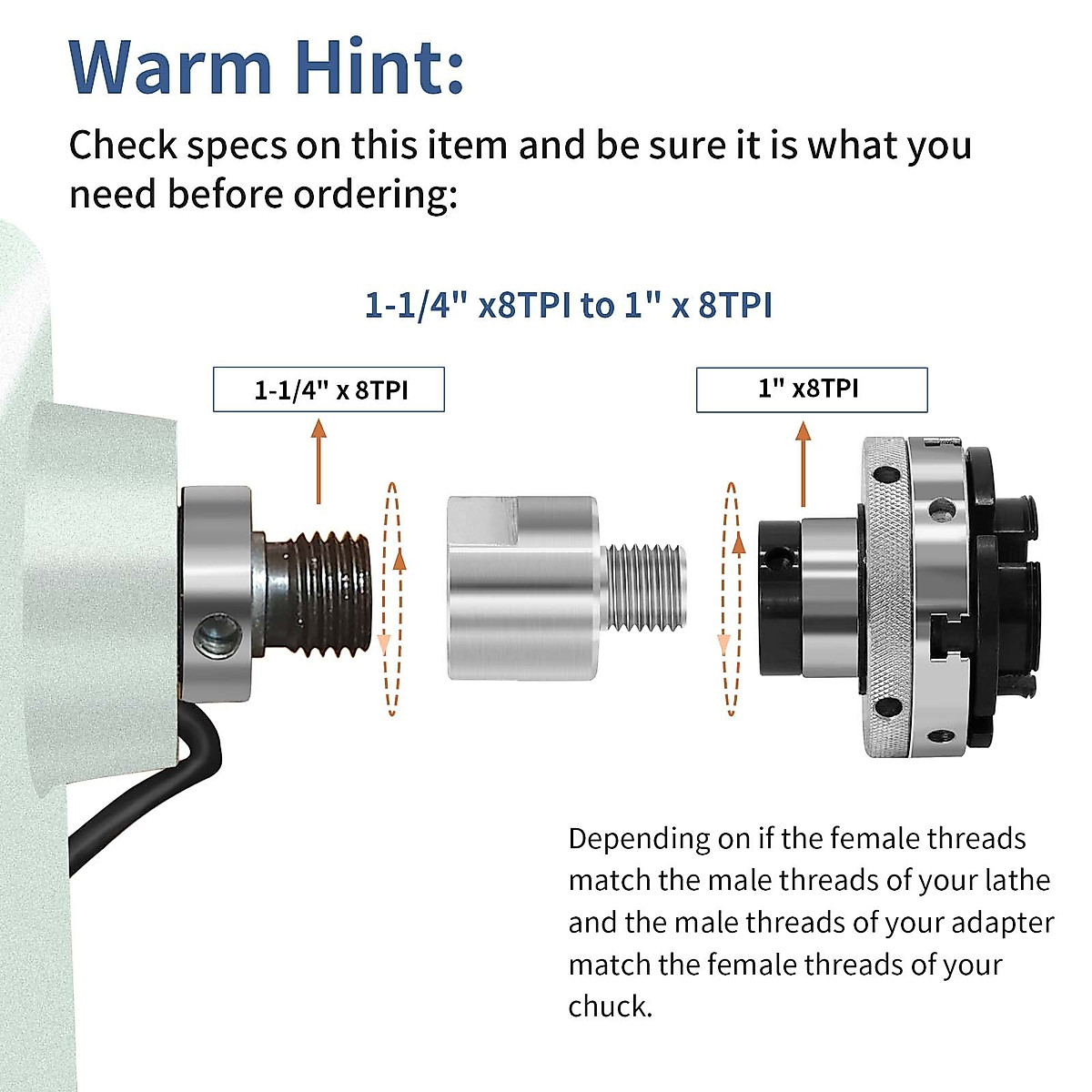PNBO Woodworking Lathe Headstock Spindle Adapter, Converts 1-1/4" x 8TPI to 1" x 8TPI