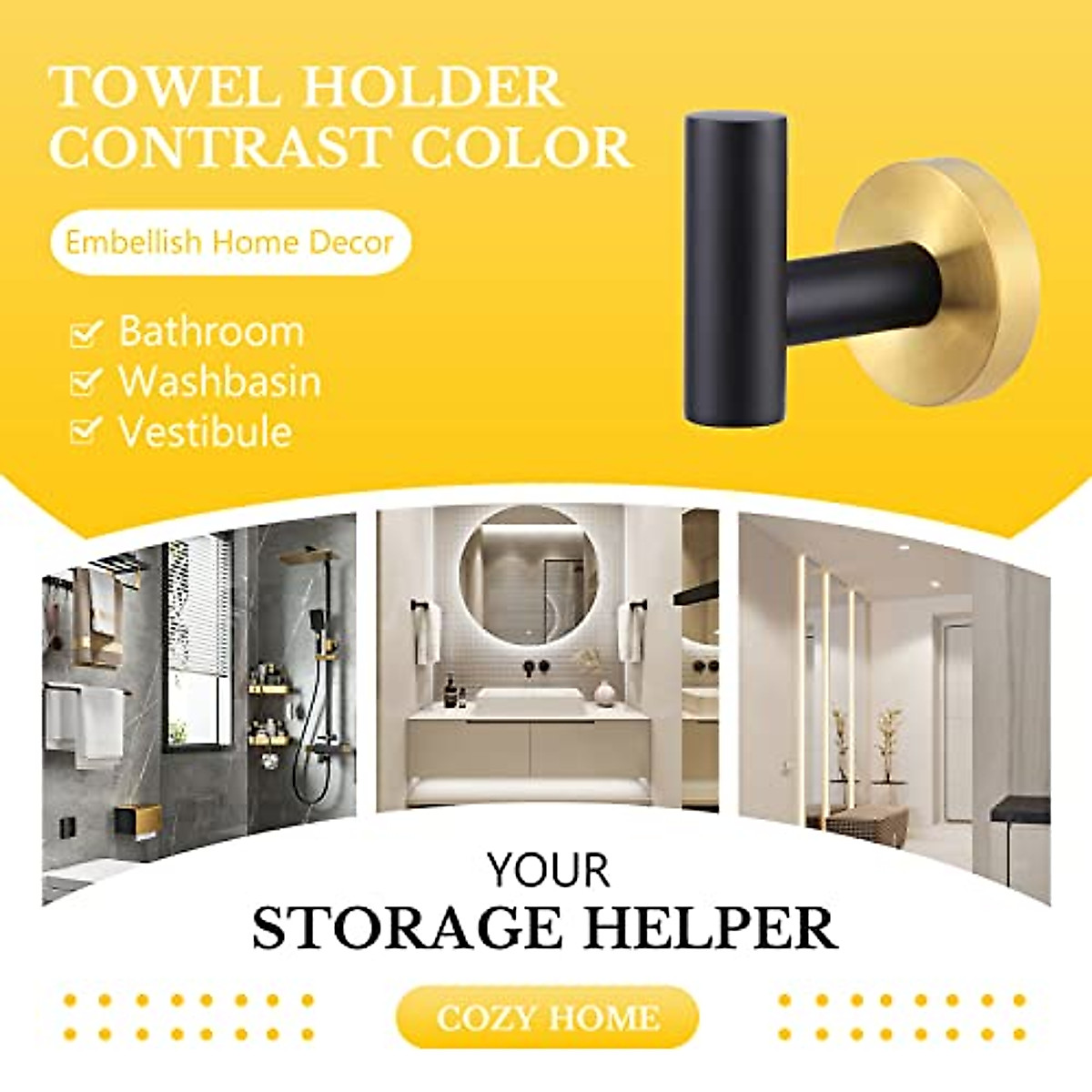 APLusee Robe Towel Hook Matte Black and Gold, 304 Stainless Steel Single Prong Coat Hook Bathroom Kitchen Garage Home Storage Round Utility Hanger
