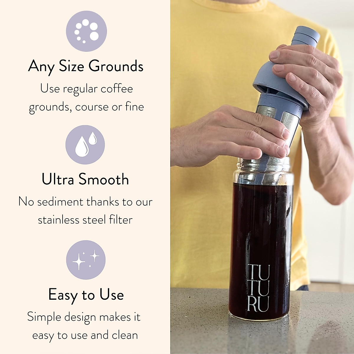 Cold Brew Bottle | Iced Coffee Maker, Thick Glass, Heavy Duty Stainless Steel Filter | Easy Pour and Removable Filter | 32 oz (1 QT)