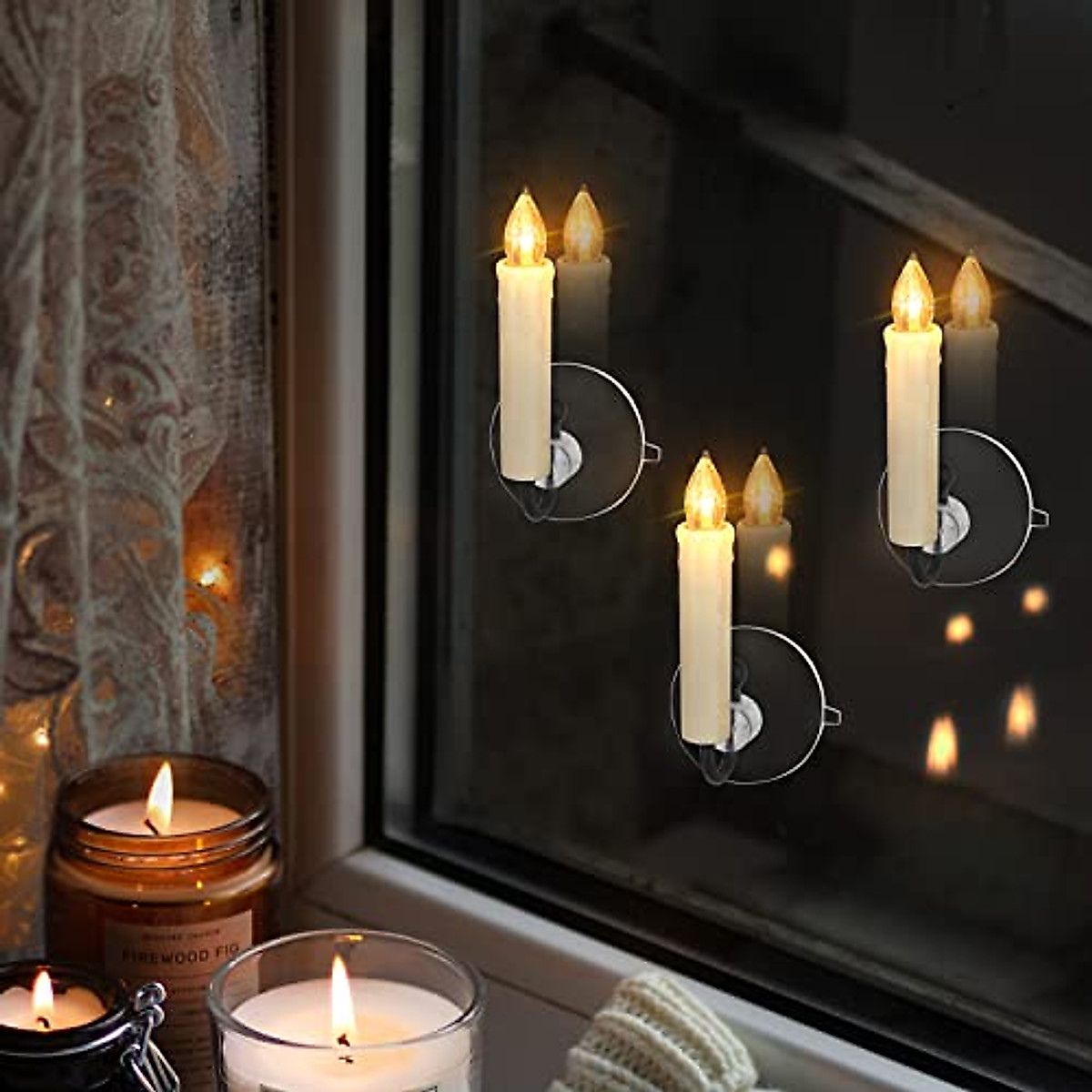 FPOO 12 PCS Flameless Flickering Window Candles with Timer & Remote, Battery Operated LED Taper Christmas Tree Candles Lights with Clips and Suction Cups for Home, Garden, Holiday Decorations