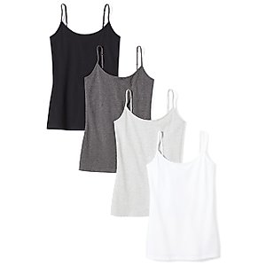 Amazon Essentials Women's Slim-Fit Camisole, Pack of 4, Black/Charcoal Heather/Light Grey Heather/White, Medium