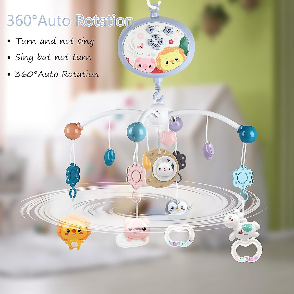 Baby Crib Mobile with Music and Lights, Hanging Rotating Animals Rattles, Stars Projection, Remote Control, for Boy Girl Newborn Baby Toys 3-6 Month, Baby Teething Toys for Bite Grip, Blue Upgraded