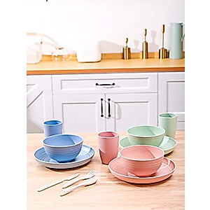 ECOSTAR Wheat Straw Dinnerware Sets, 28-Piece Kids Plates and Bowls Sets, Cutlery, Microwave Safe Unbreakable Dinnerware for Parties, Picnic, College Dorm, Camping, RV (Classic)