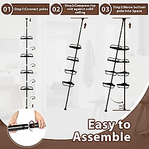 Corner Shower Caddy Tension Pole - Stainless Steel Rustproof Standing Shower Caddies Rack with 4 Tier Shelf for Bathroom Bathtub Organizer,54-114" Adjustable - Black