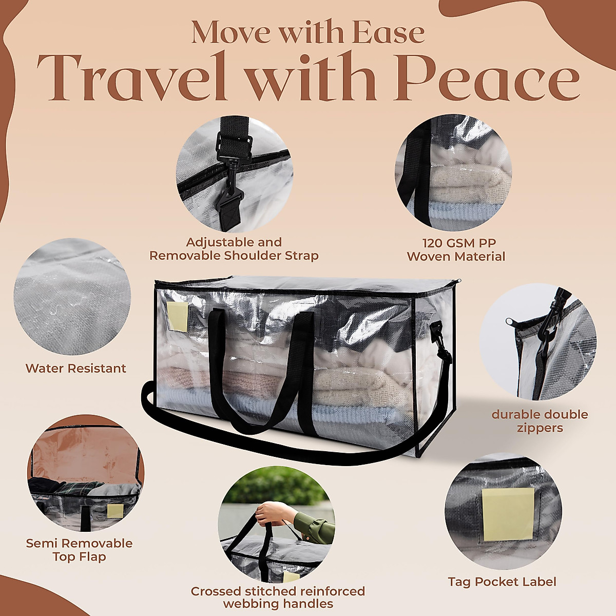 6-Pack Extra-Large, Heavy-Duty, Semi-Transparent Moving Bags Totes for Clothes, Storage, Supplies - Removable and Adjustable Shoulder Straps, Double Zippers, and Reinforced Handles