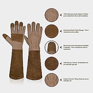 Garden Gloves Women&Men,Rose Pruning Gloves Pigskin Leather Puncture Resistance Long Sleeve Rose Gardening Gloves,Thorn Proof Garden Work Gauntlet with Forearm Protection (L, Brown)