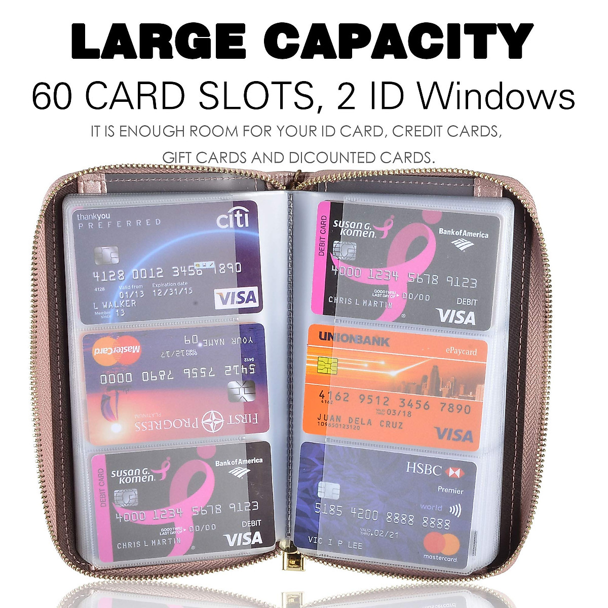 Easyoulife Credit Card Holder Wallet Womens Zipper Leather Case Purse RFID Blocking (Rose Gold)