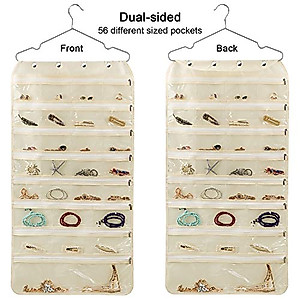 SPIKG 56 Pockets Dual Sided Jewelry Hanging Organizer Oxford Storage Bag with Zipper Hanger (Beige)