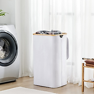 100L Large Laundry Hamper Basket with Lid by YOUDENOVA, Tall Clothes Hamper with Handle, Waterproof and Collapsible Storage Basket for Bedroom and Bathroom, White(16"L 13"W 28"H)