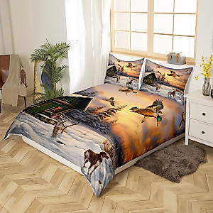 Feelyou Duck Hunting Duvet Cover Dog Hunter Bedding Set for Kids Boys Girls Flying Duck Comforter Cover Wildlife Bedspread Cover 1 Duvet Cover with 2 Pillowcases Full Size (No Comforter)
