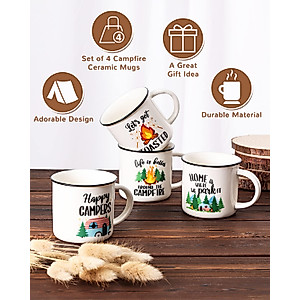 Nefelibata Camping Coffee Mug Set of 4 Happy Campers Campfire Tea Cups for Coffee, Tea, Milk Travel Ceramic Mug Camping Lover Holiday Gifts