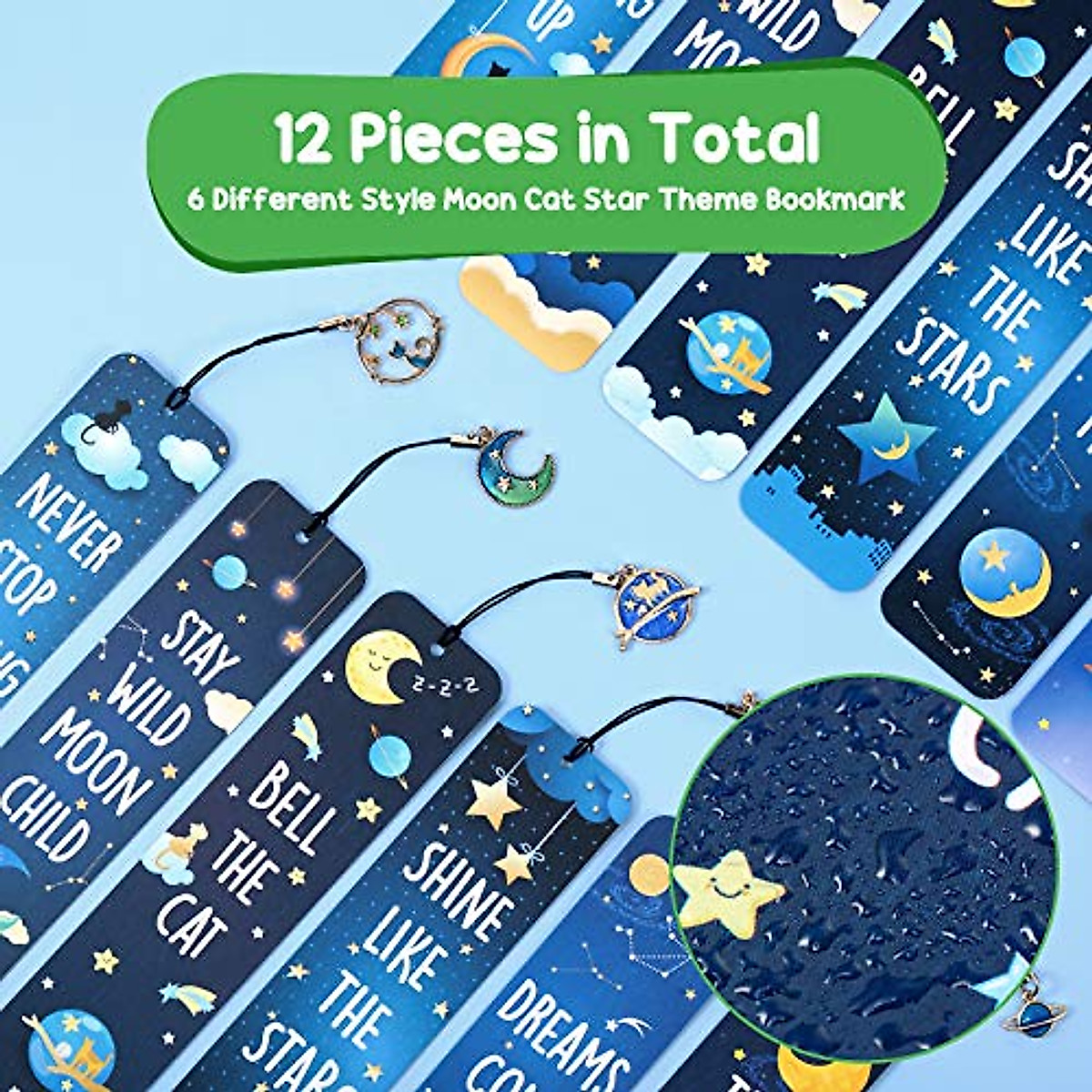 12 Pcs Bookmarks for Children Cat Moon Star Celestial Theme Space Bookmarks with Metal Charms Inspirational Quotes Bookmarker Gift for Kids Boys Girls School Reading (Novelty Style)
