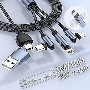 180°Rotation Multi Charging Cable, 3M Universal Phone Charger 2-in-1 USB A to C PD Port and 3 in 1 Charging Cable Cord with iPhone/Type C/Micro Connectors Sync Charger Adapter for Laptop/Tablet/Phone