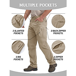 TACVASEN Men's Quick-Dry Pants Water-Resistant 8 Pockets Ripstop Hiking Pants Khaki, 32