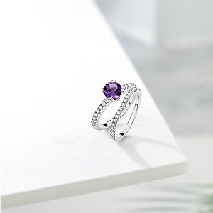 Gem Stone King 925 Sterling Silver Purple Amethyst and White Moissanite Wedding Engagement Band Bridal Set Ring For Women (1.49 Cttw, Gemstone February Birthstone, Available In Size 5, 6, 7, 8, 9)