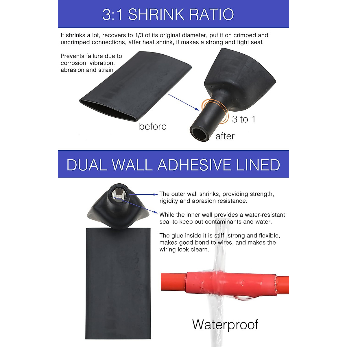 RockDIG 74PCS 1 3/4 1/2 3/8 Inch 3:1 Heat Shrink Tubing Assortment Kit Double-Wall Adhesive Lined Marine Grade Industrial Heat-Shrink Wrap Wire Tubing Black Red