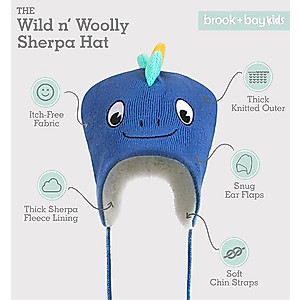 Brook + Bay - Sherpa Baby Animal Hats for Winter - Toddler Animal Ear Hat, Baby Hat Animal Ears, Baby Winter Hat for Boys and Girls - Blue Dinosaur