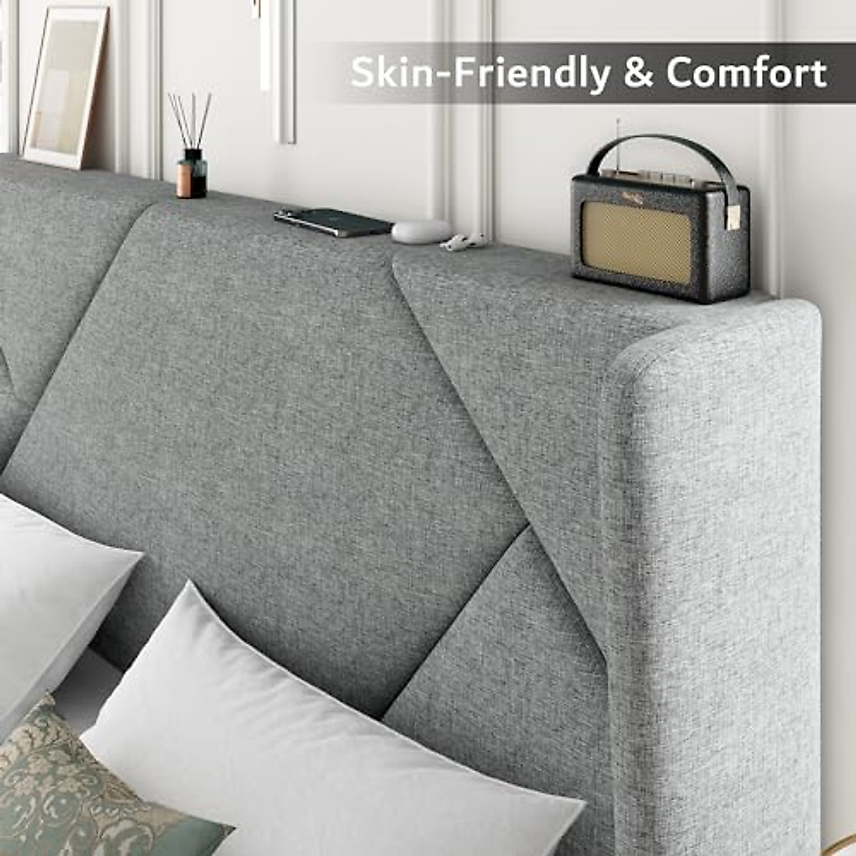 iPormis King Size Wingback Bed Frame, Modern Platform Bed with Minimalist Headboard, 8-in Storage Space/Heavy-Duty Structure/No Box Spring Needed/Noise-Free, Light Gray