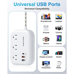 Power Strip with USB C, 3 Outlets 3 USB Ports, Desktop Charging Station with 5 Ft Braided Extension Cord and Flat Plug, Compact for Cruise Ship, Travel, Home, Office, White