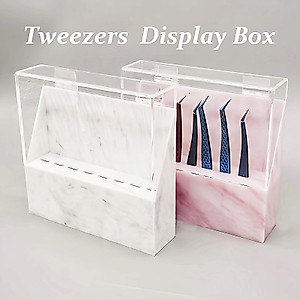 Dust-proof Eyelash Tweezers Holder with Cover, Acrylic MarbleTweezer Organizer for Lash Cart (Pink)