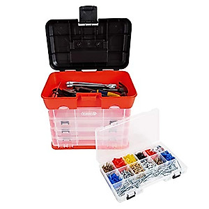 Storage Tool Box - Portable Multipurpose Organizer With Main Top Compartment and 4 Removable Multi-Compartment Trays by Stalwart,Red,11 in x 7 in x 10 in