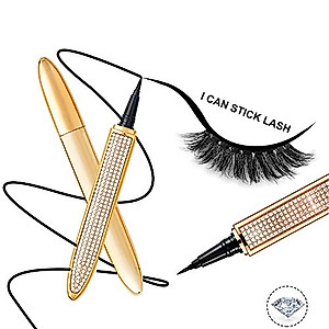 2021 Upgraded Self-adhesive Eyeliner,2 in 1 Eye Liner Pen Diamond Bling Glitter Liquid Eyeliner No Glue, Non Magnetic, Eye Liner for Eye Makeup and Wear Normal False Eyelashes (Queen Gold)
