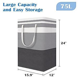 BlissTotes 3-Pack Laundry Basket, Freestanding＆Waterproof Laundry Hamper, Collapsible Tall Clothes Hamper with Easy Carry Handles for Clothes, Towels in the Family and Dorm,Gradient Grey,75L