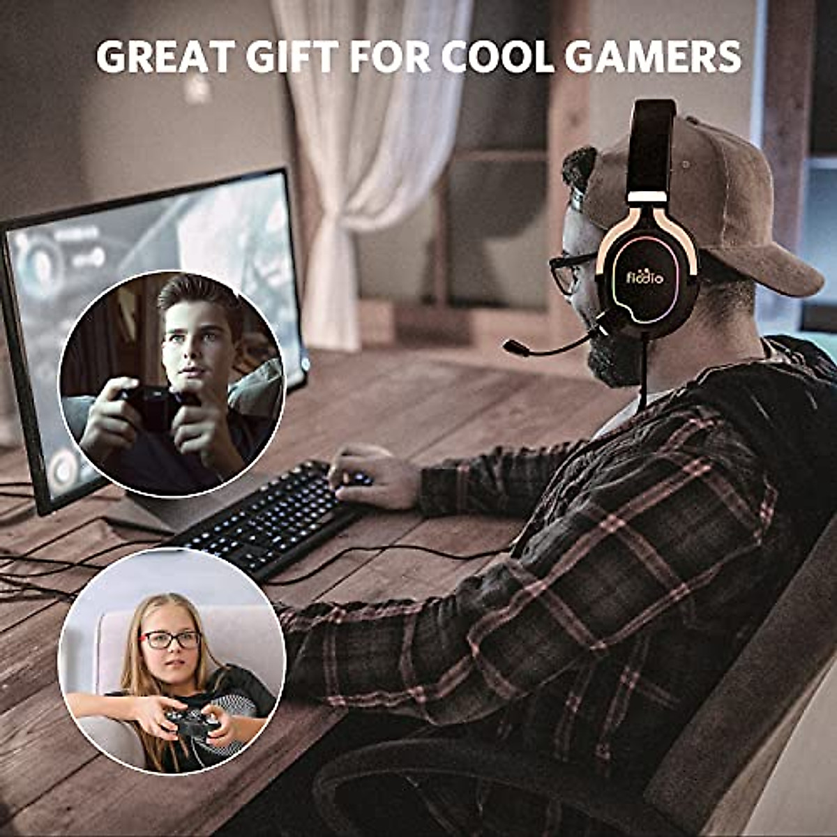 Fiodio Gaming Headset with Surround Sound Stereo for Xbox One PS4 PC Switch Tablet, Noise Cancelling Over Ear Headphones with Mic, LED Light and Soft Memory Earmuffs for Laptop