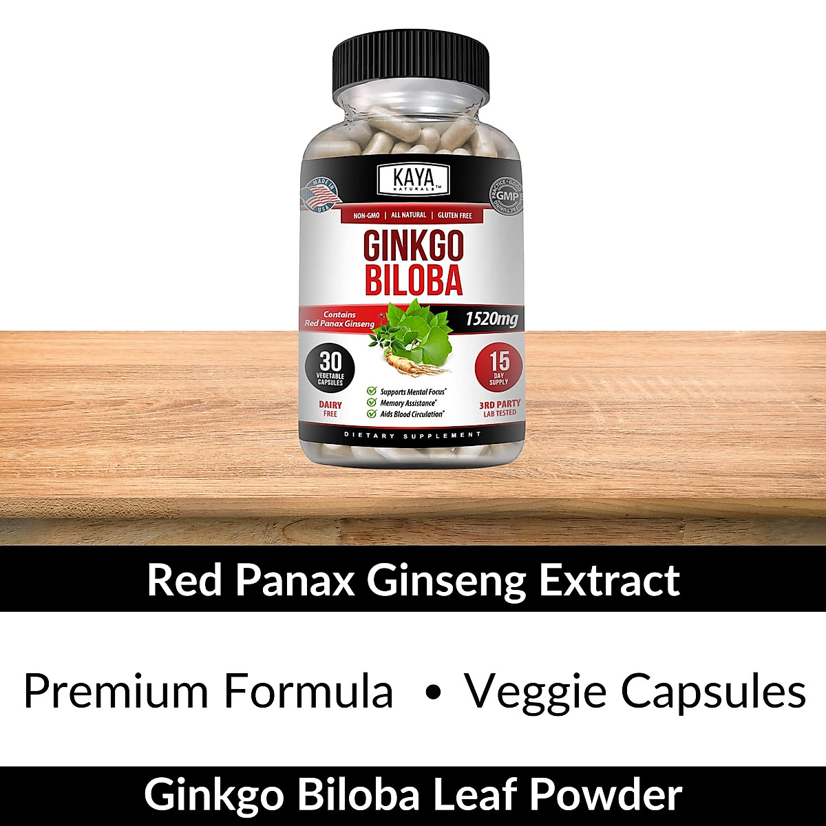 Kaya Naturals Red Panax Ginseng + Ginkgo Biloba | Nootropic Brain Supplement | Cognitive and Concentration Support | Brain Booster, Focus, and Memory Supplement | 30 Capsules