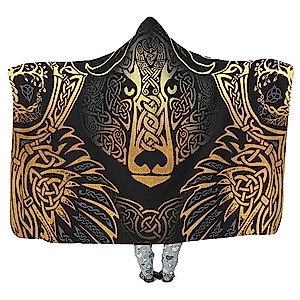 Viking 3D Printing Hooded Blanket Warm And Soft Fenrir Wolf Compass Tree Of Life Unisex Winter Wearable Hooded Blanket Double Thick Plush Wool Blanket Cape ( Color : Blanket , Size : 80x60in/150x200cm