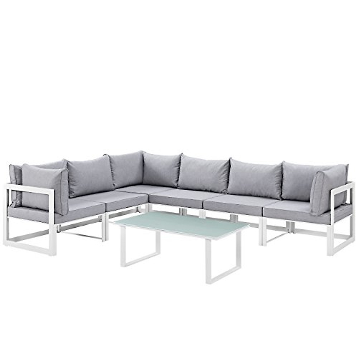 Modway Fortuna Aluminum 7-Piece Outdoor Patio Sectional Sofa Furniture Set with Cushions in White Gray