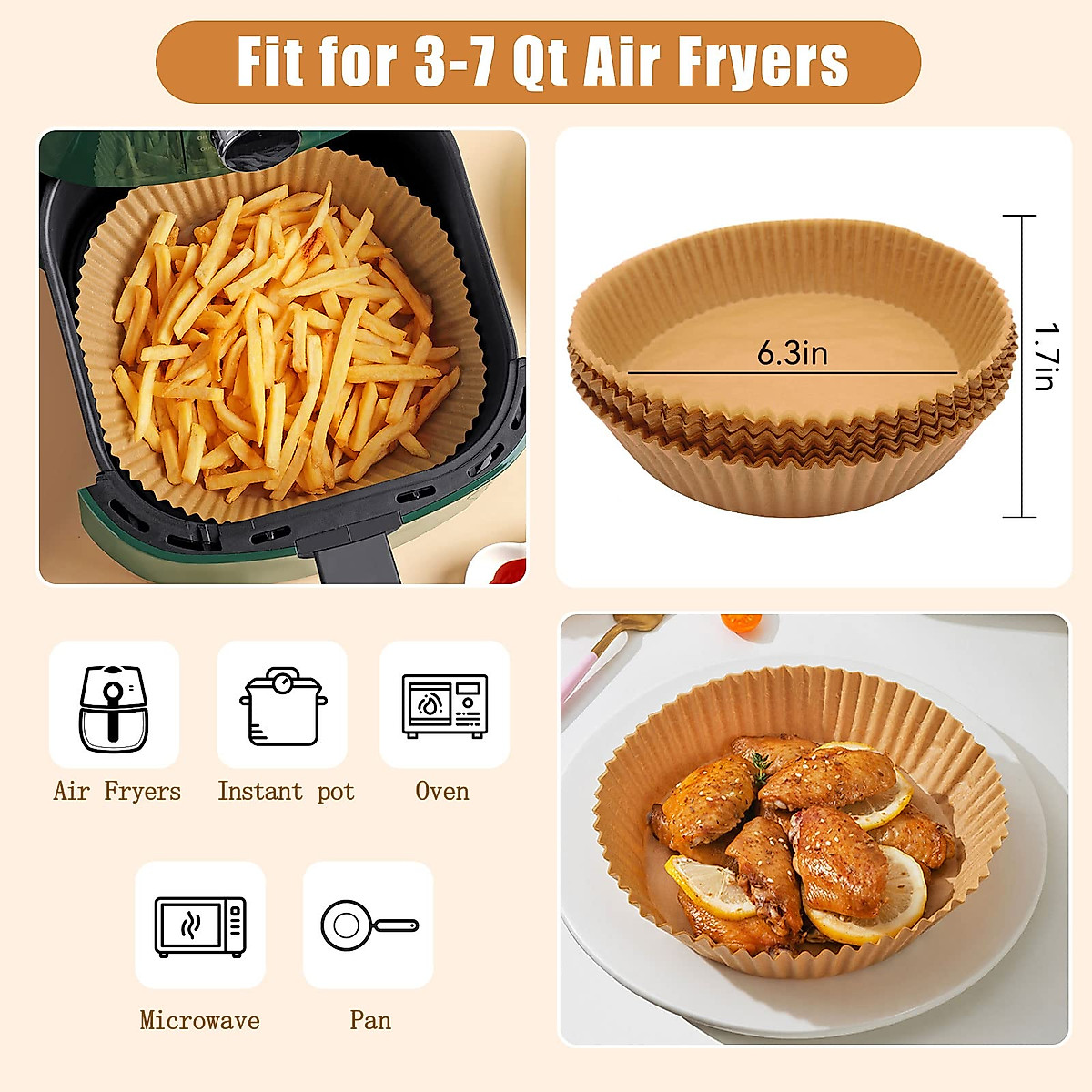 bahouloer Air Fryer Disposable Paper 100 Pcs 6.3inch Round Non-Stick Prime Oil-proof Parchment Liners Cooking Paper for Fryers Basket Frying Pan Microwave Oven