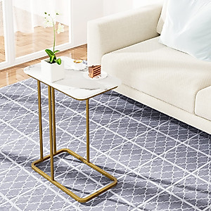 C Shaped Side Table, Small End Table, Modern Simplicity Waterproof Marble Pattern Coffee Table with Steel Frame for Living Room, Bedroom (White)