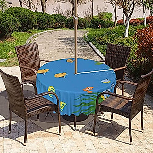 Lirduipu Aquarium Leaf Pattern Round Outdoor Tablecloth,Outdoor Round Tablecloth with Umbrella Hole - Water Resistant Spillproof,for Umbrella Table Patio Garden(72" Round,Multicolor)