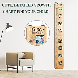 Wood Growth Chart for Kids with Picture Frames Boho Wooden Height Measurement Ruler Milestone Markers Foldable Height Chart for Kids Measuring Chart for Wall Boy Girl Room Nursery Decor Keepsake Gift