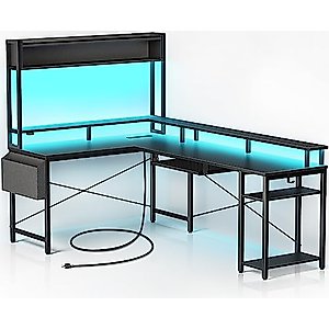 Rolanstar L Shaped Gaming Desk, 90.5“ Computer Desk with Monitor Stand & Hutch, Home Office Desk with LED Lights & Power Outlets, Corner Desk with Keyboard Tray, Carbon Fiber Black