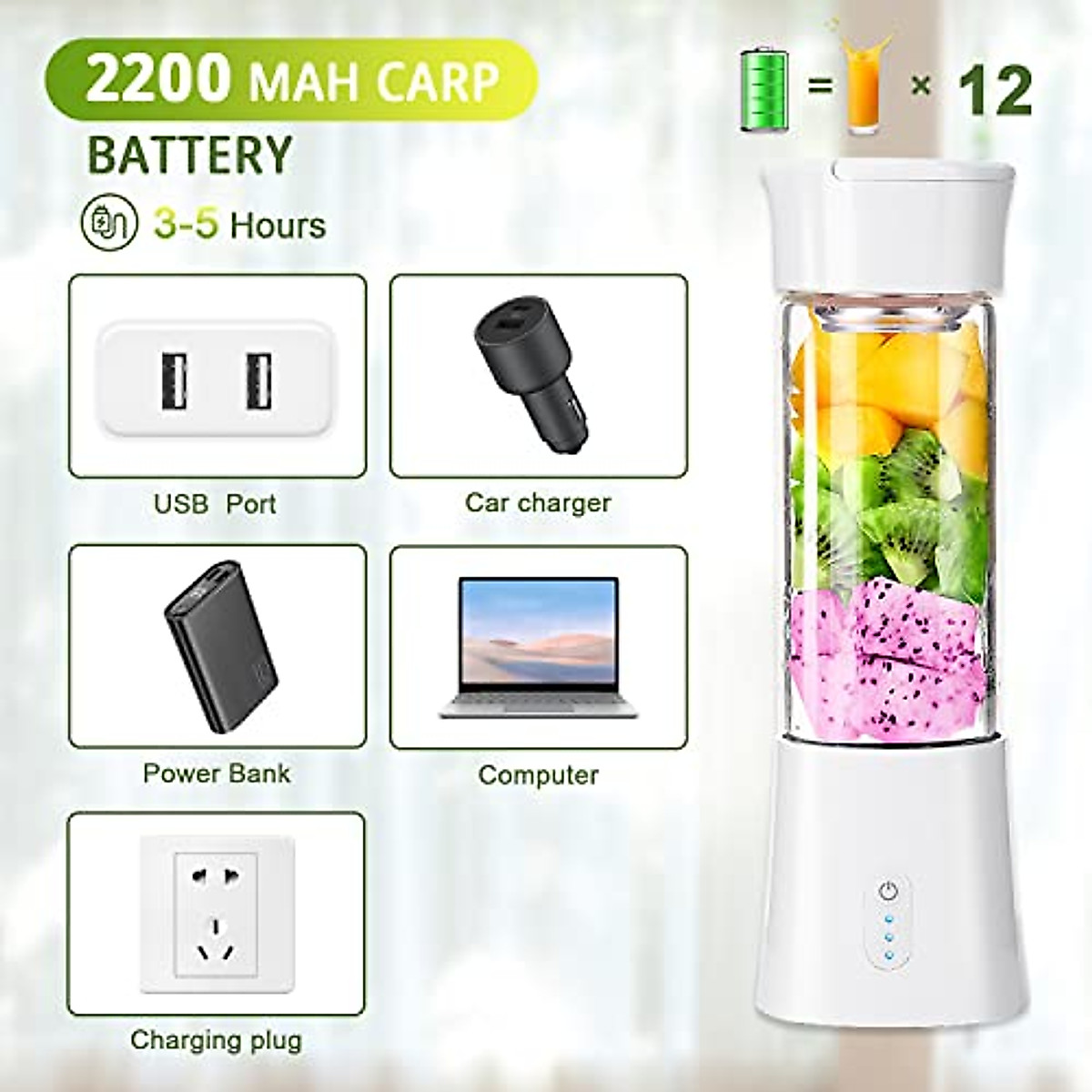 Portable Blender for Smoothies and Shakes, USB Rechargeable Personal Blender with 6 Blades,Mini Blender with Travel Cup and Lid,Handheld Personal Size Blender for Home/Gym/Travel,BPA-Free(White)