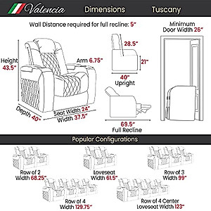 Valencia Tuscany Recliner | Premium Top Grain Italian Nappa 11000 Leather, Power Reclining, Power Lumbar Support, Power Headrest (Single Recliner, Black)
