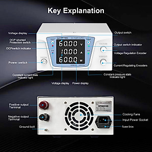 DC Power Supply Variable, Bench Power Supply with Encoder knob, Adjustable Switching Power Supply with OCP Switch, Variable Power Supply with Output Enable/Disable Button (0-60V 0-10A)