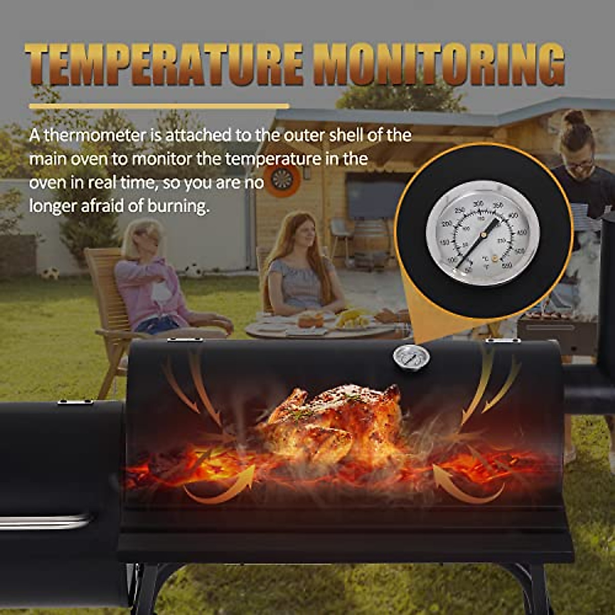 Charcoal Grills Outdoor BBQ Grill Offset Smoker with Wheels Side Fire Box Portable Barbecure Grill for Outdoor Cooking Backyard Camping Picnics,Black