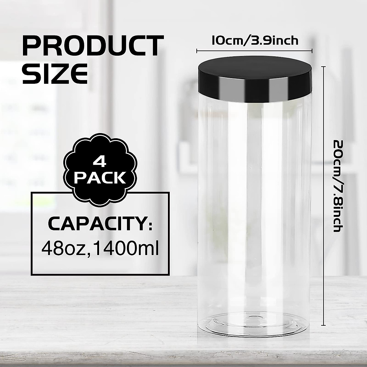 4 Pack Mason Jars, Clear Plastic Jars with Lids, Clear Slime Containers for Organizing, Kitchen & Pantry Use, Round PET Cream with Airtight Lids (48 oz)