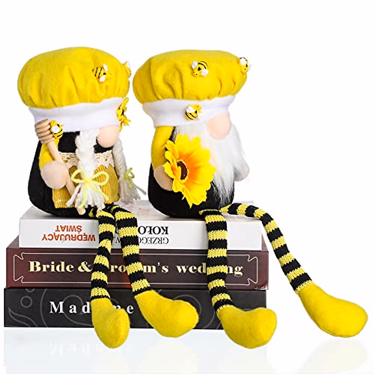 Argodaze 2PCS Bumble Bee Long Feet Gnomes Mr and Mrs Lovely Elf for Home Handmade Honeybee Plush Rustic Farmhouse Tomte