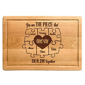 Personalized Mom You Are the Piece that Holds Us Together Puzzle Cutting Board, Custom Mom Cutting Board with Kids Names, Customized Mother's Day, Birthday Gifts for Mom, Grandma Gifts from Grandkids