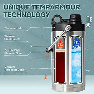 Miereirl 64 Oz Insulated Water Jug, Half Gallon Stainless Steel Vacuum Double Walled Water Bottle With Handle, BPA-Free Keep Cold 48H Hot 24H, Wide Mouth For Sports, Traveling, Camping, Stainless