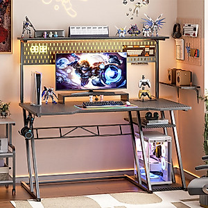 Gaming Computer Desk with Shelves and Outlets, Gaming Desk with Hutch and LED Lights, Reversible PC Gaming Desk with Pegboard, Carbon Fiber Black 47''