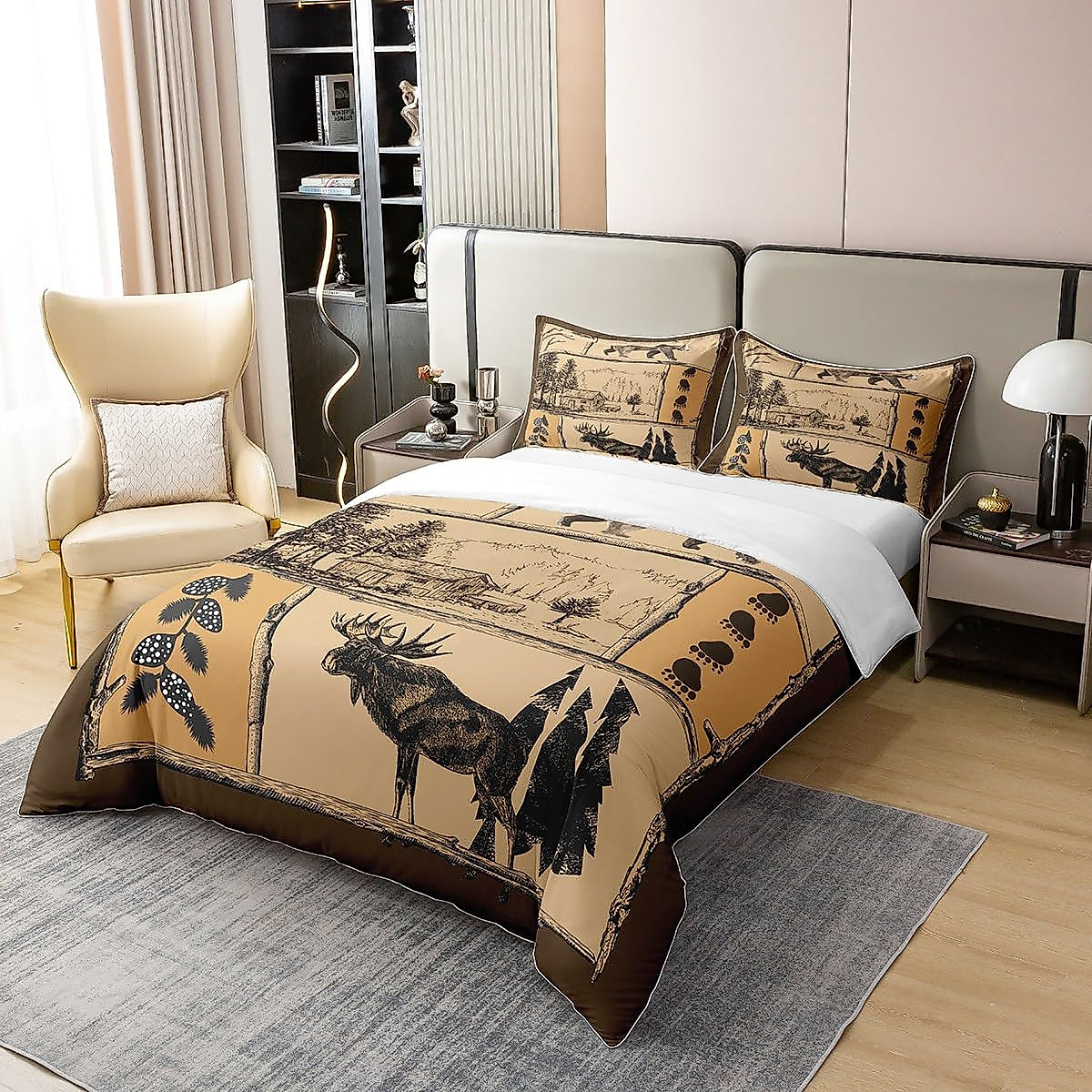 jejeloiu Bear Bedding 100% Cotton Set Rustic Farmhouse Cabin Moose Duvet Cover 100% Cotton Retro Wildlife Cover for Children Bedroom Decor Vintage Bear Paw Duvet Set King Size Zipper with Pillow Case