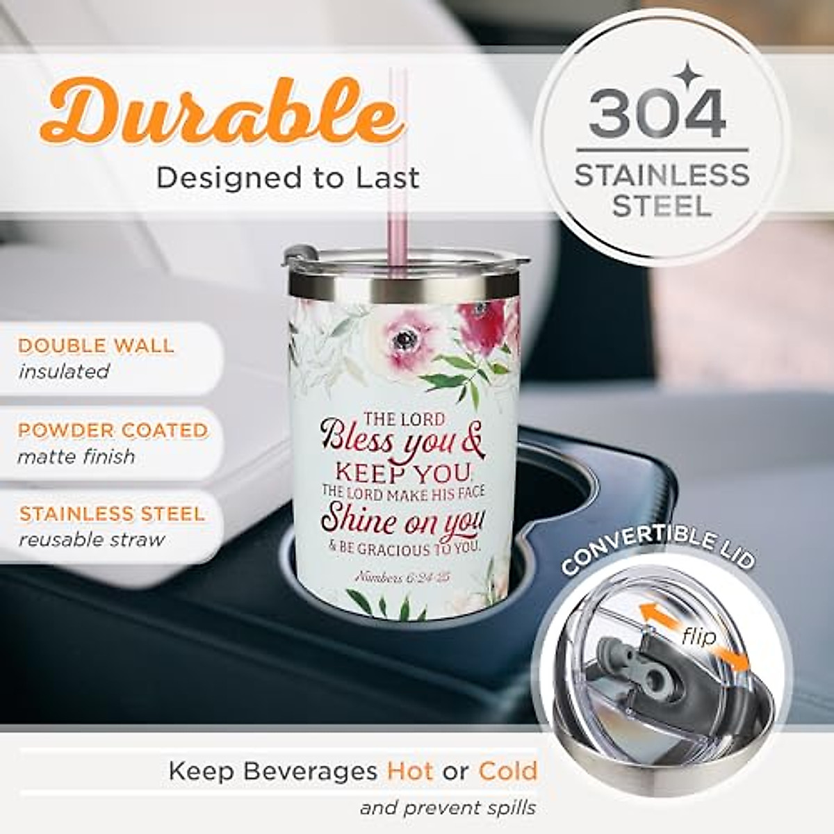 Christian Art Gifts Stainless Steel Double-Wall Vacuum Insulated Tumbler w/Straw & Lid 18 oz Pink Floral Inspirational Bible Verse Travel Mug for Women- Bless You and Keep You -Numbers 6:24-25